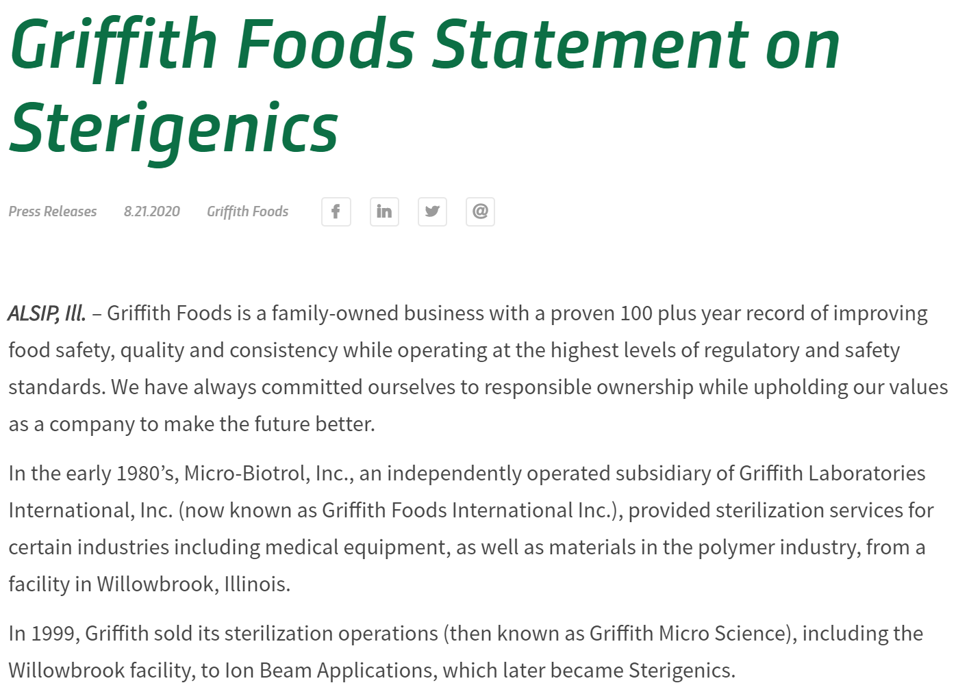 Griffith Foods - North America | Griffith Foods Statement on Sterigenics